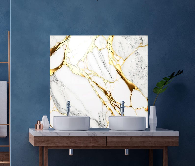 White Gold Marble Tempered Glass Kitchen Backsplash & Splashback – Luxury Stone Look Stove Cover ...