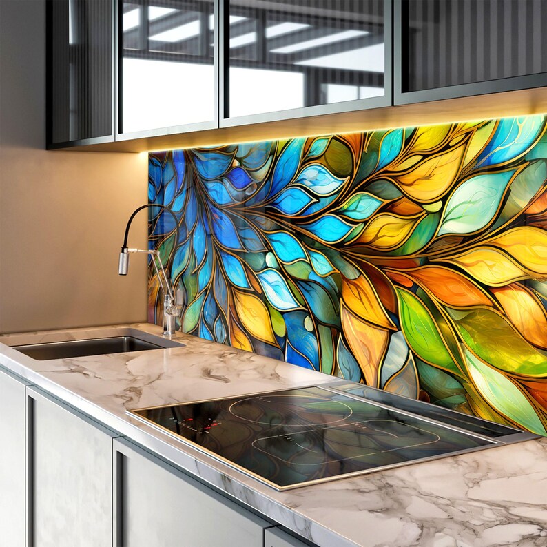 Stained Leaf Glass Backsplash Panel, Tempered Glass Kitchen Splashback ...