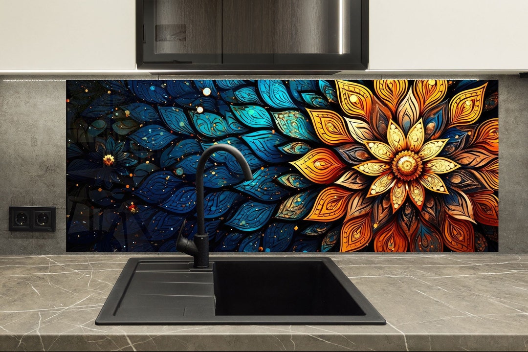 Tempered Glass Backsplash-stained Flower Backsplash Tiles-stove ...
