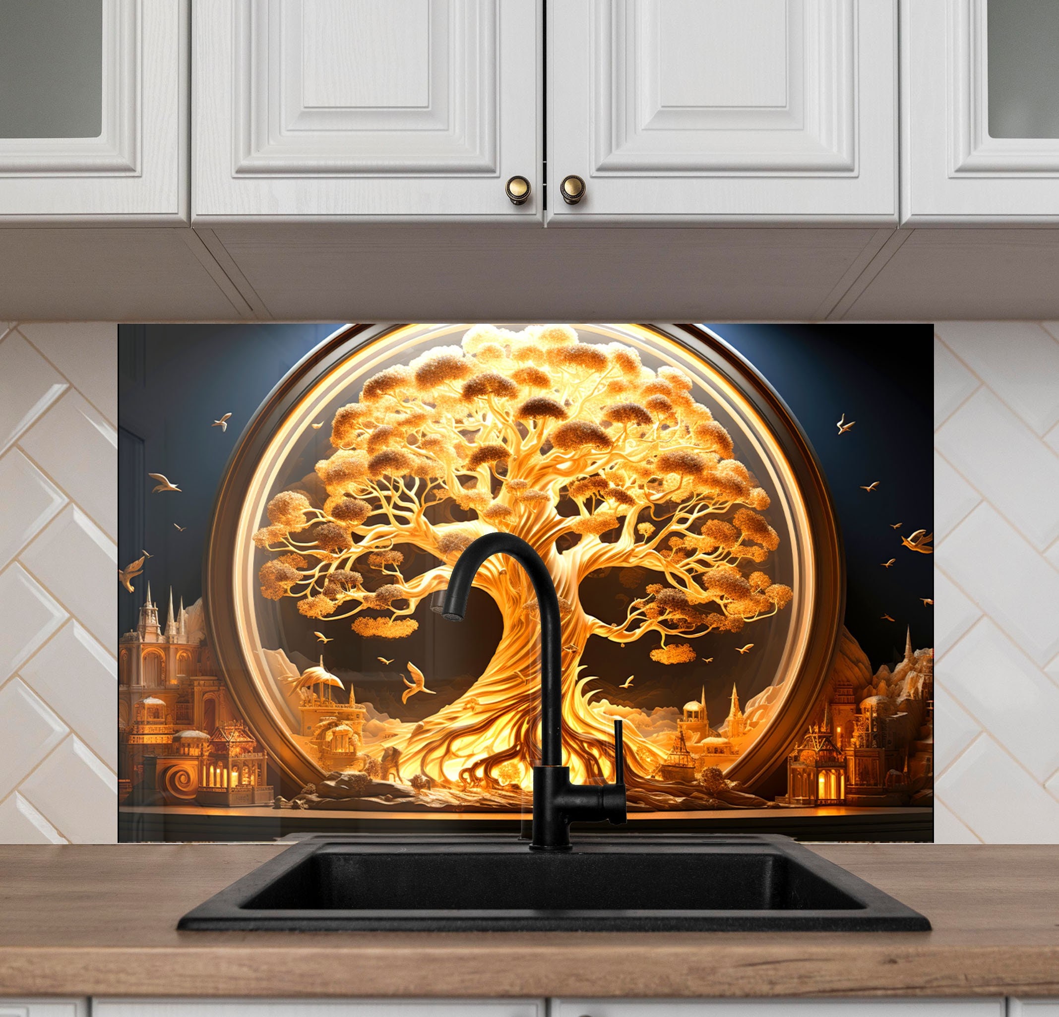 Tempered Glass Backsplash-life of Tree Backsplash Tiles-gold Tree ...