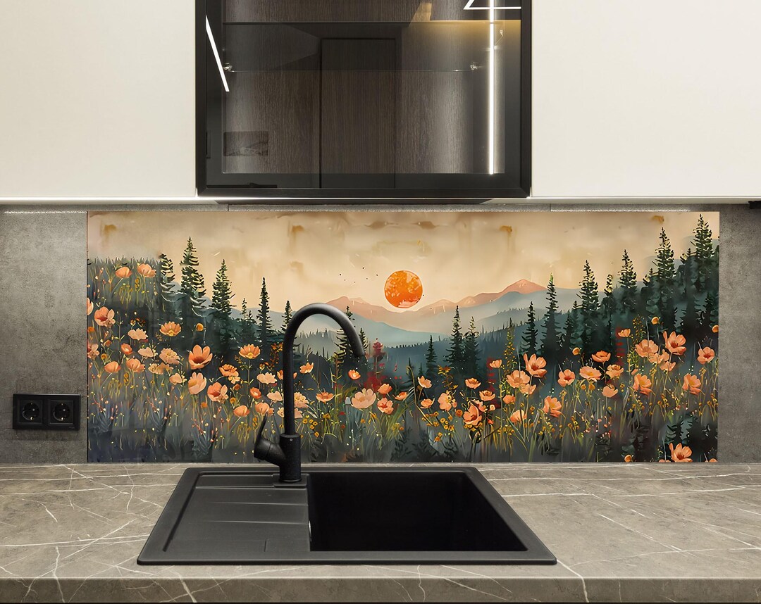 Sunset Floral Tempered Glass Backsplash – Beautiful Nature Kitchen ...