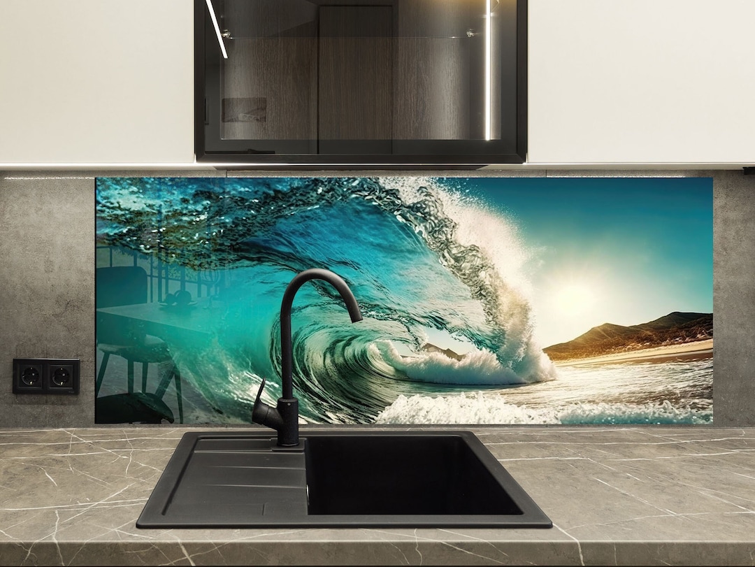 Tempered Glass Backsplash Tropical Backsplash S-ocean Waves Backsplash ...