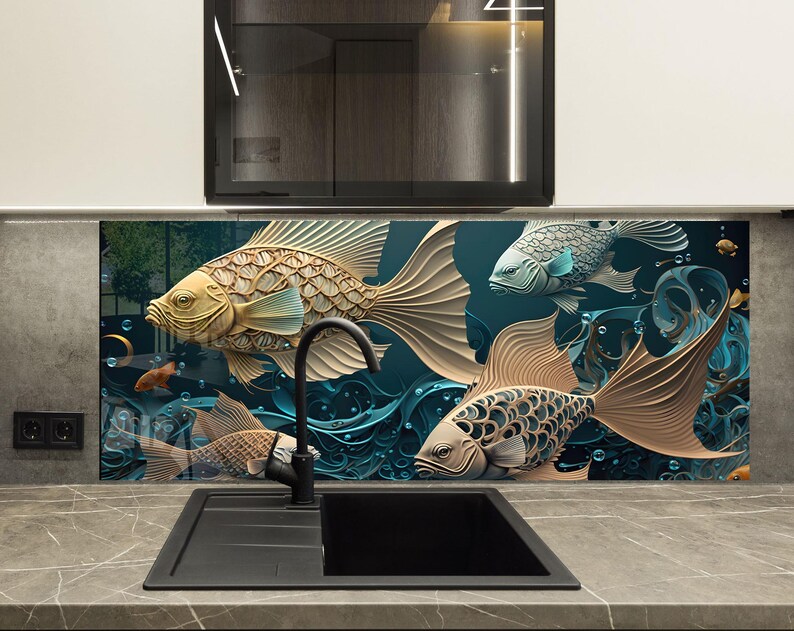 Colorful Tropical Fish Tempered Glass Kitchen Backsplash – Ocean ...