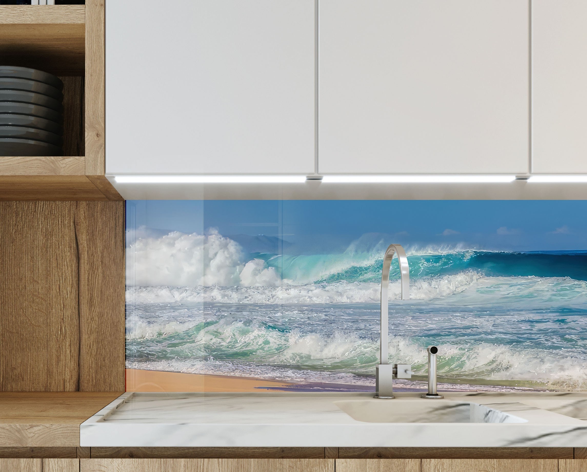Tempered Glass Backsplash Tropical Backsplash Tiles-ocean Waves ...