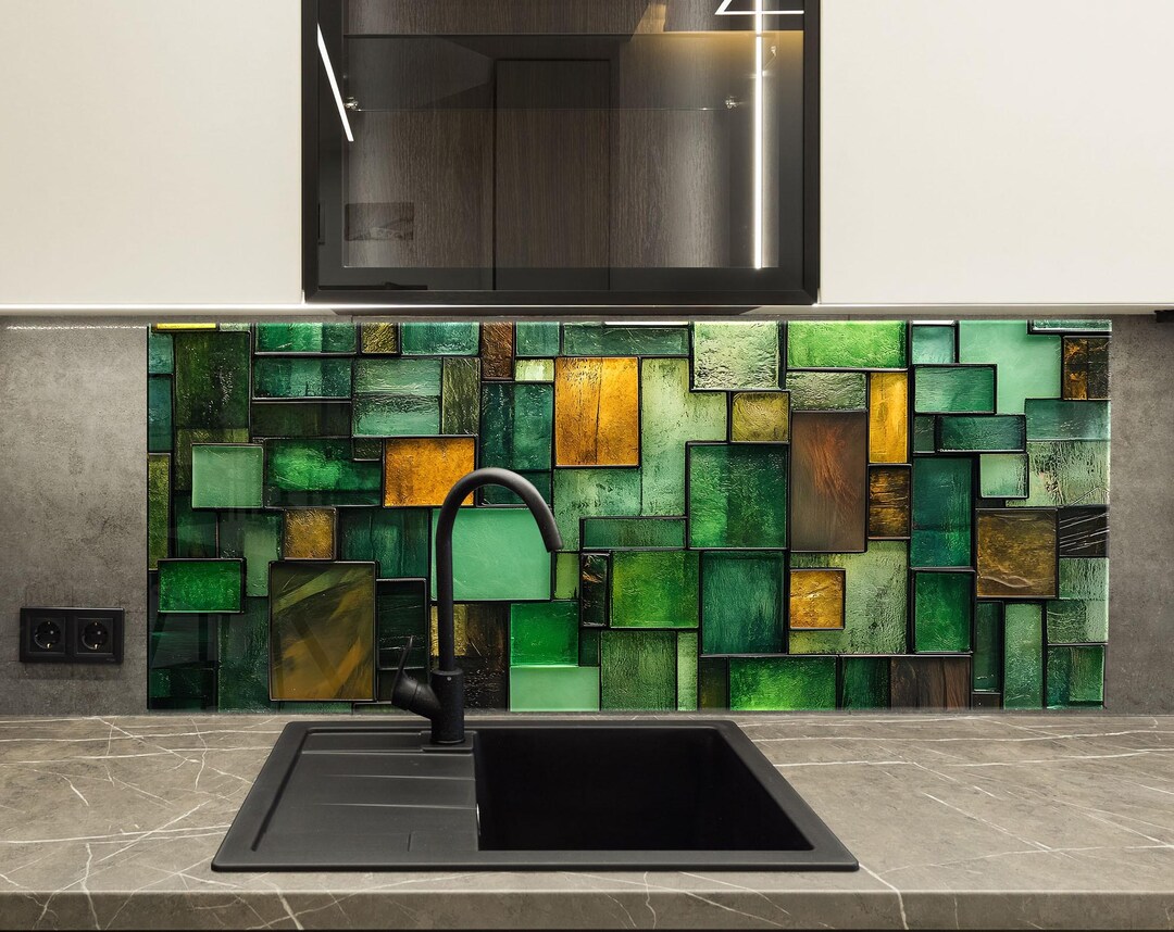 Tempered Glass Kitchen Backsplash, Green Stained Backsplash, Stove ...