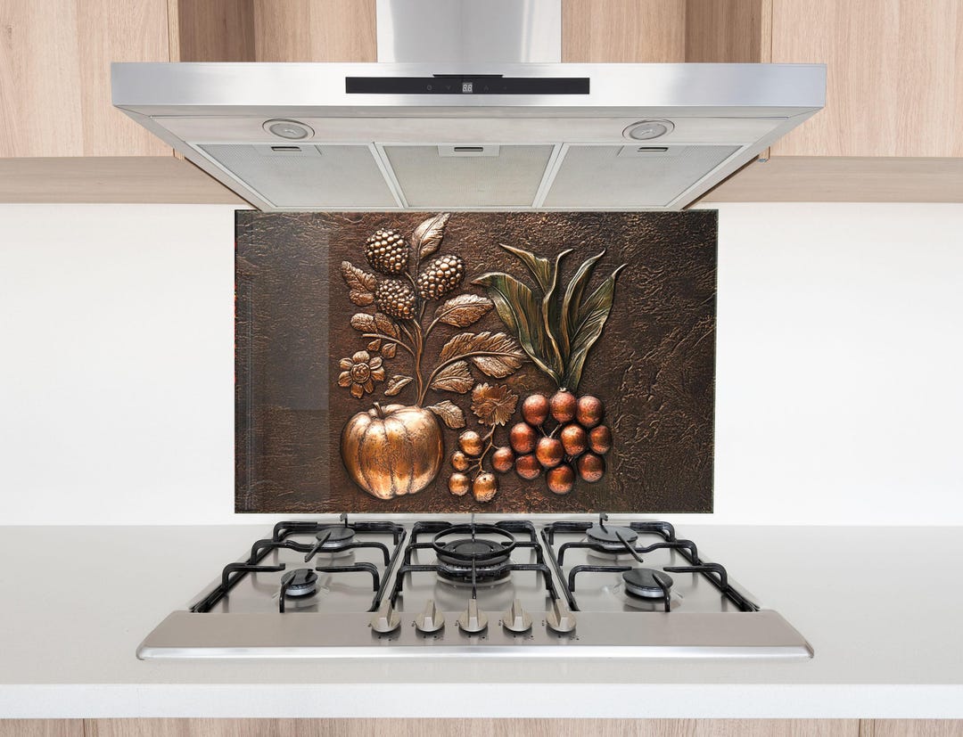 Copper Berry Tempered Glass Kitchen Backsplash – Rustic Botanical Stove ...