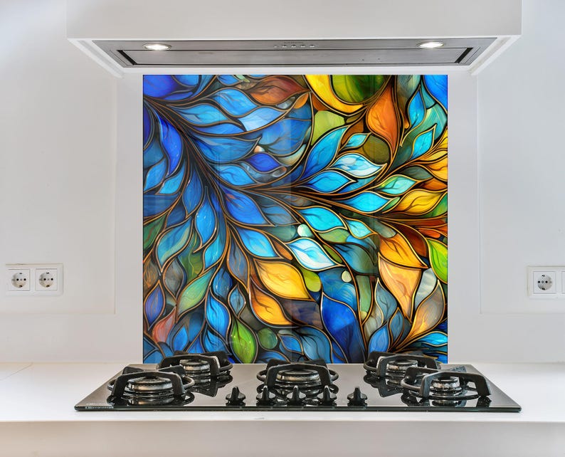 Stained Leaf Glass Backsplash Panel, Tempered Glass Kitchen Splashback ...