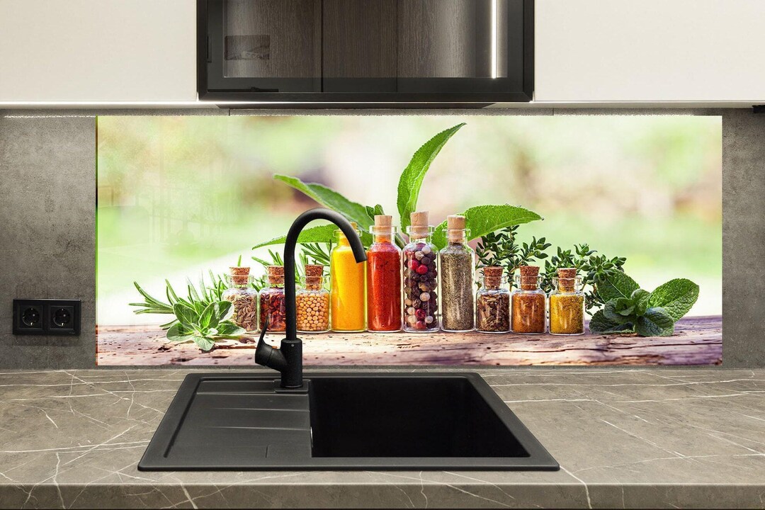 Herbs Tempered Glass Kitchen Backsplash, Spices Splashback for Stove ...