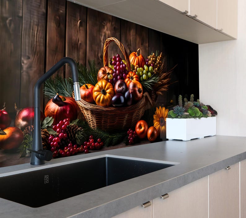 Rustic Fruit Basket Tempered Glass Kitchen Backsplash, Farmhouse Stove ...