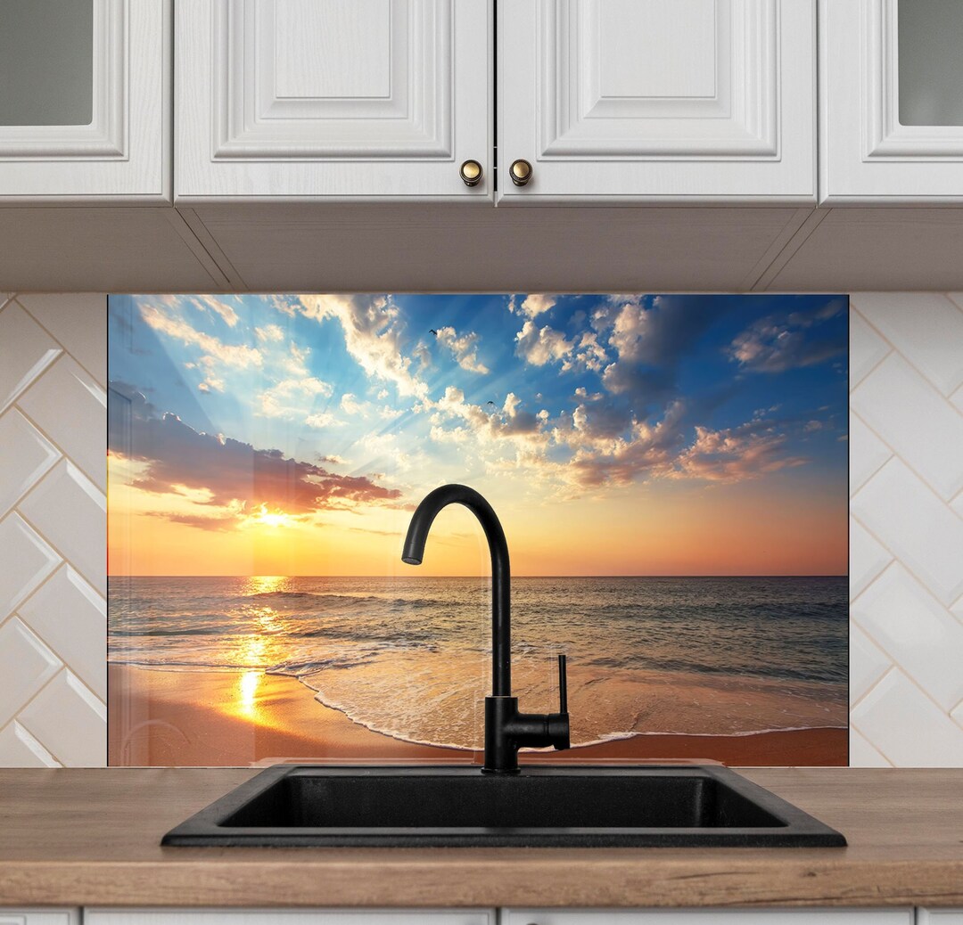 Tempered Glass Sunset Backsplash Design-cooker Wall Backsplash Panel ...