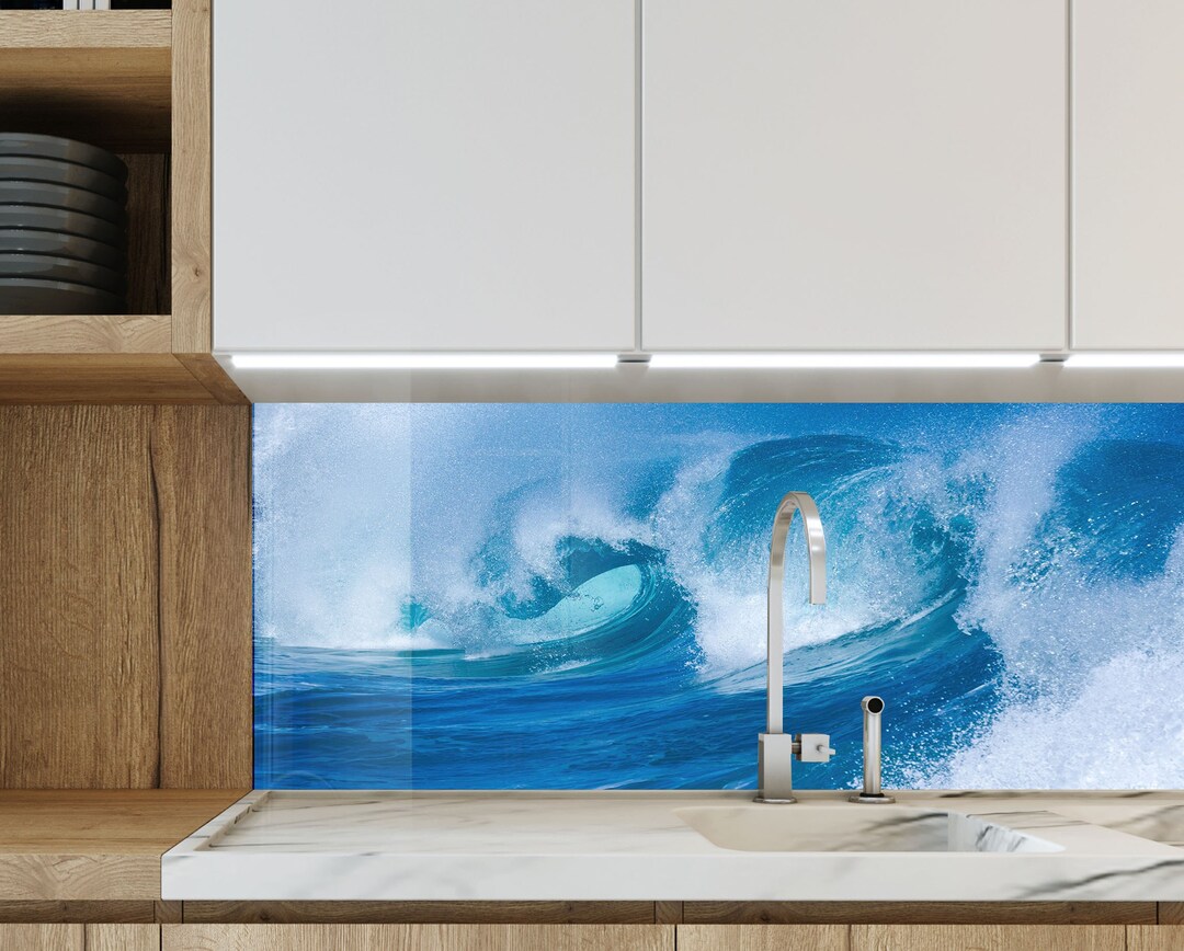 Tempered Glass Backsplash Tropical Backsplash S-ocean Waves Backsplash ...