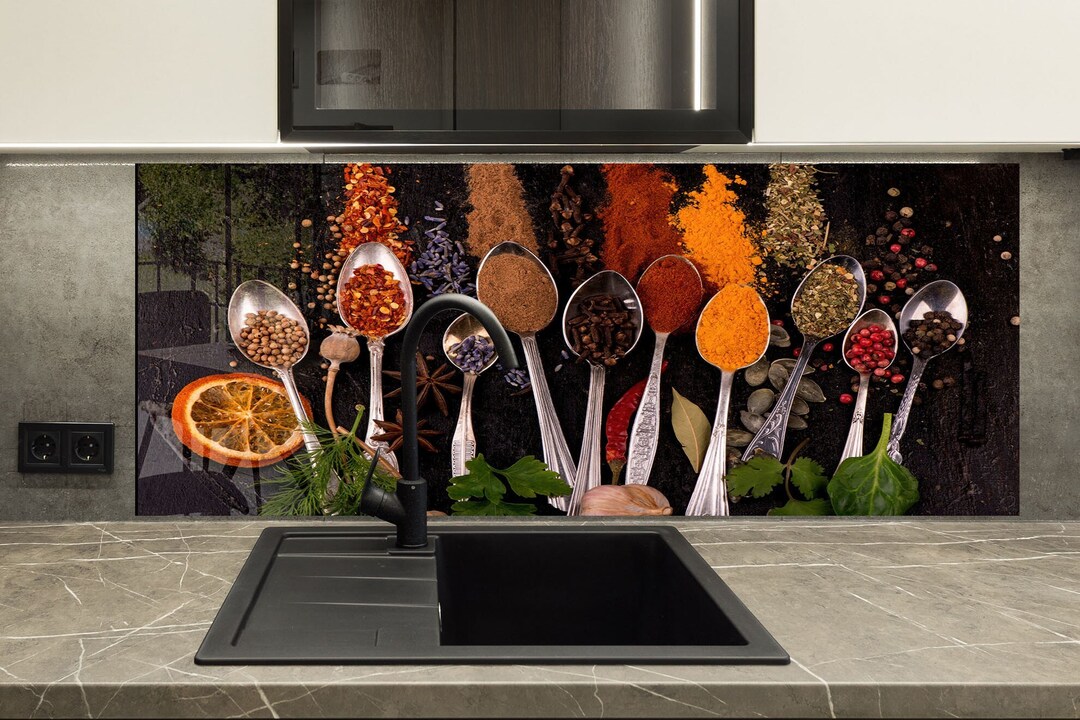 Tempered Glass Backsplash Tile-spoon Spices Backsplash Tiles-stove ...