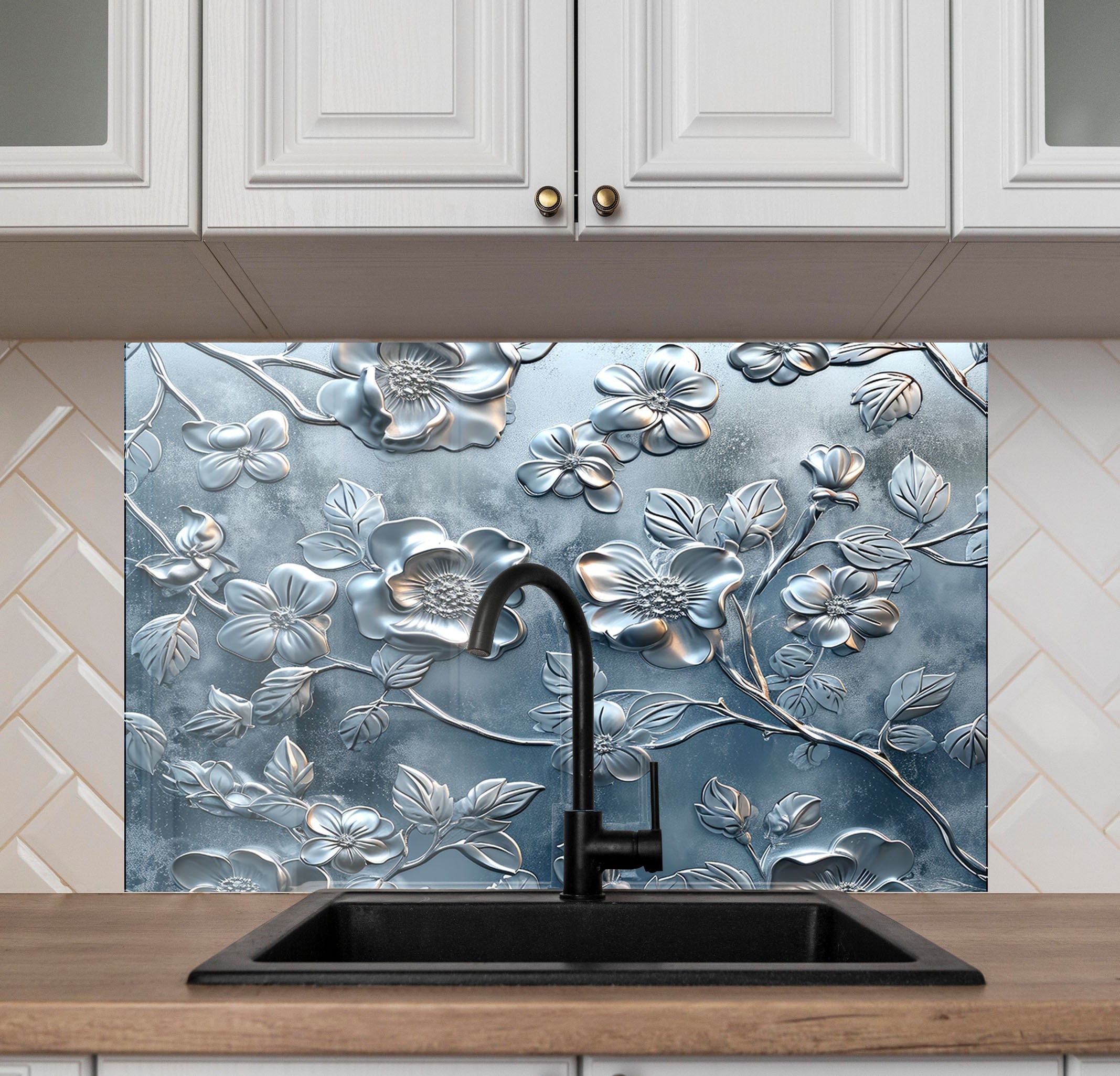 Tempered Glass Backsplash-silver Flower Backsplash Tiles-silver ...