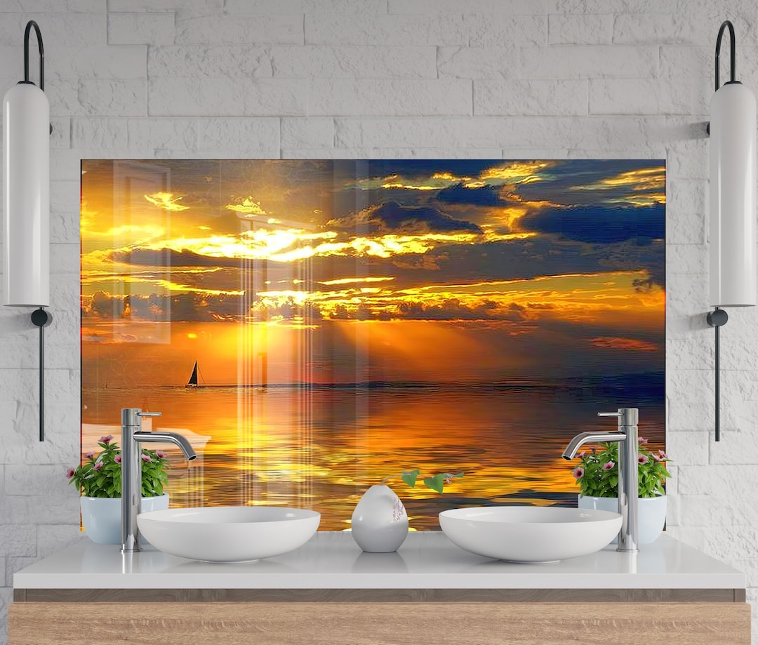 Tempered Glass Sunset Backsplash Design-cooker Wall Backsplash Panel ...