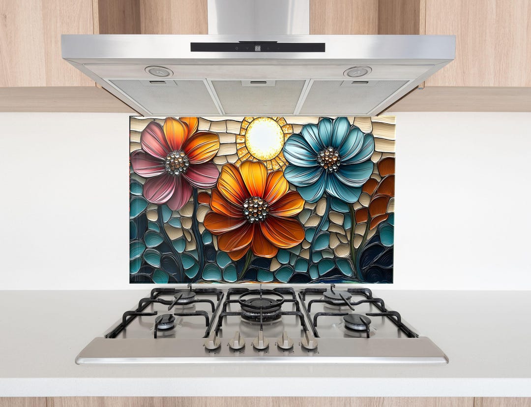 Tempered Glass Backsplash Blue Flower Backsplash stove Backsplash for ...