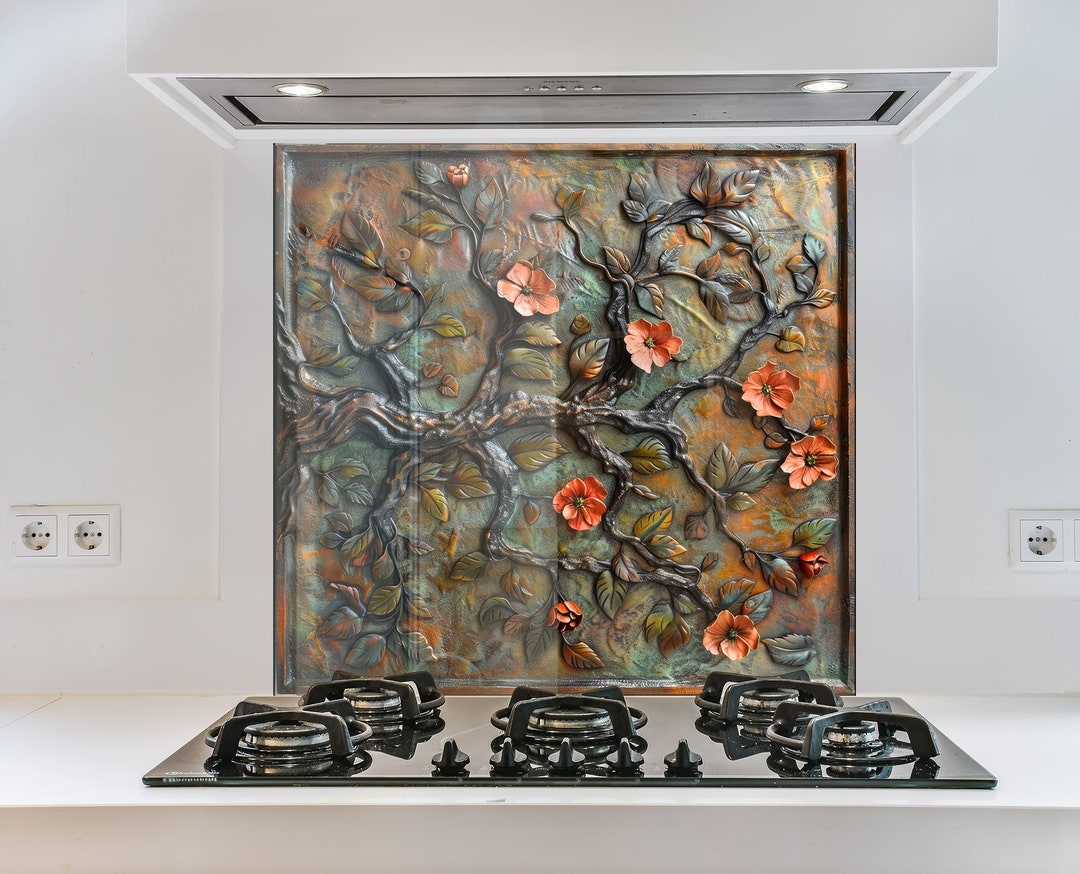 Tempered Glass Backsplash-life of Tree Backsplash Tiles-floral ...