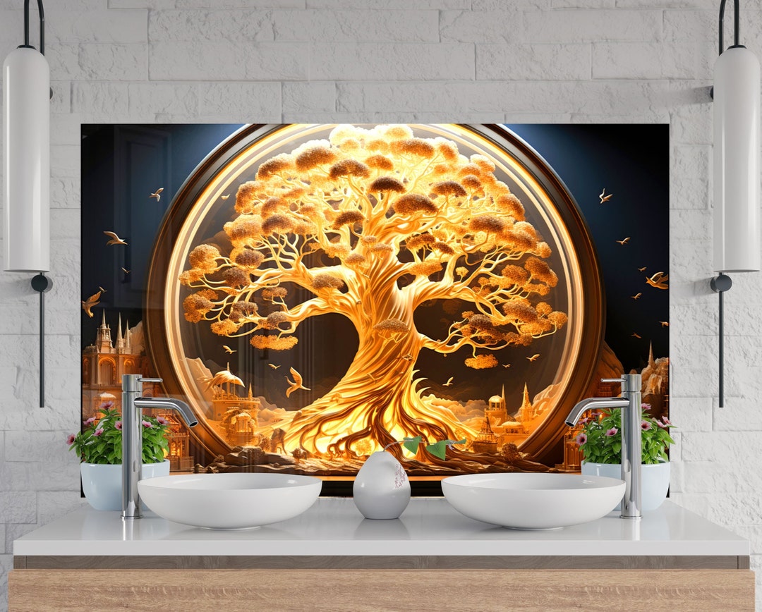 Tempered Glass Backsplash-life of Tree Backsplash Tiles-gold Tree ...