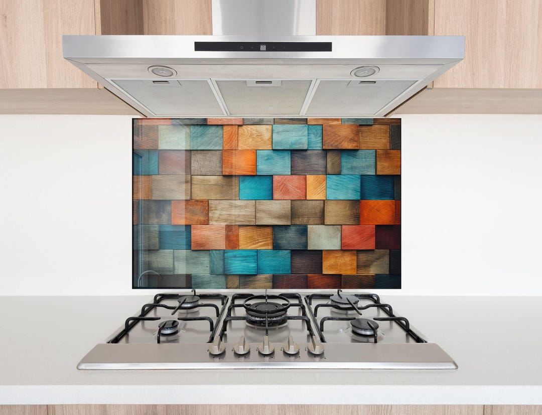 Tempered Glass Kitchen Backsplash: Brown Wood Blocks, Heat Resistant - Etsy
