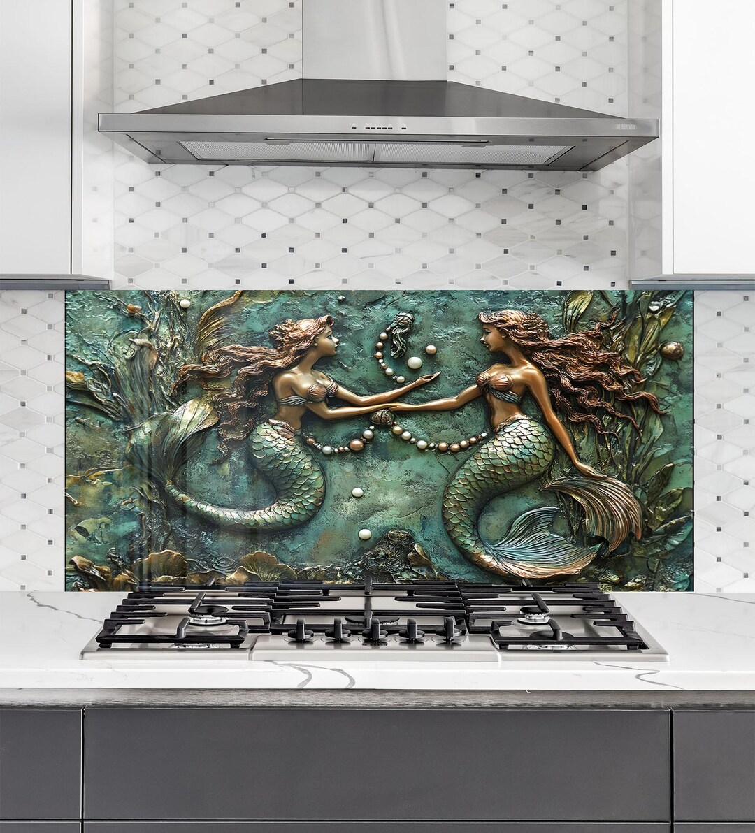 Mermaid Tempered Glass Kitchen Backsplash: Stove Back Cover - Etsy