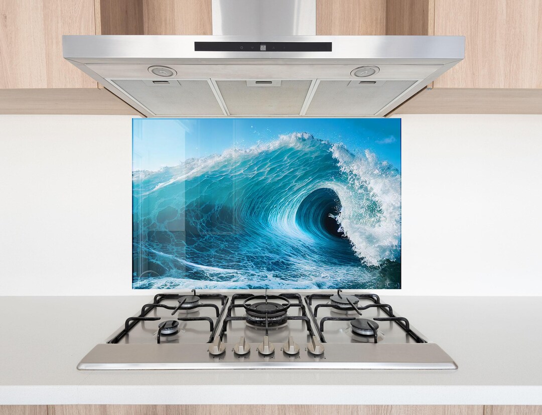 Ocean Wave Tempered Glass Backsplash Panel – Blue Sea Splashback Wall ...