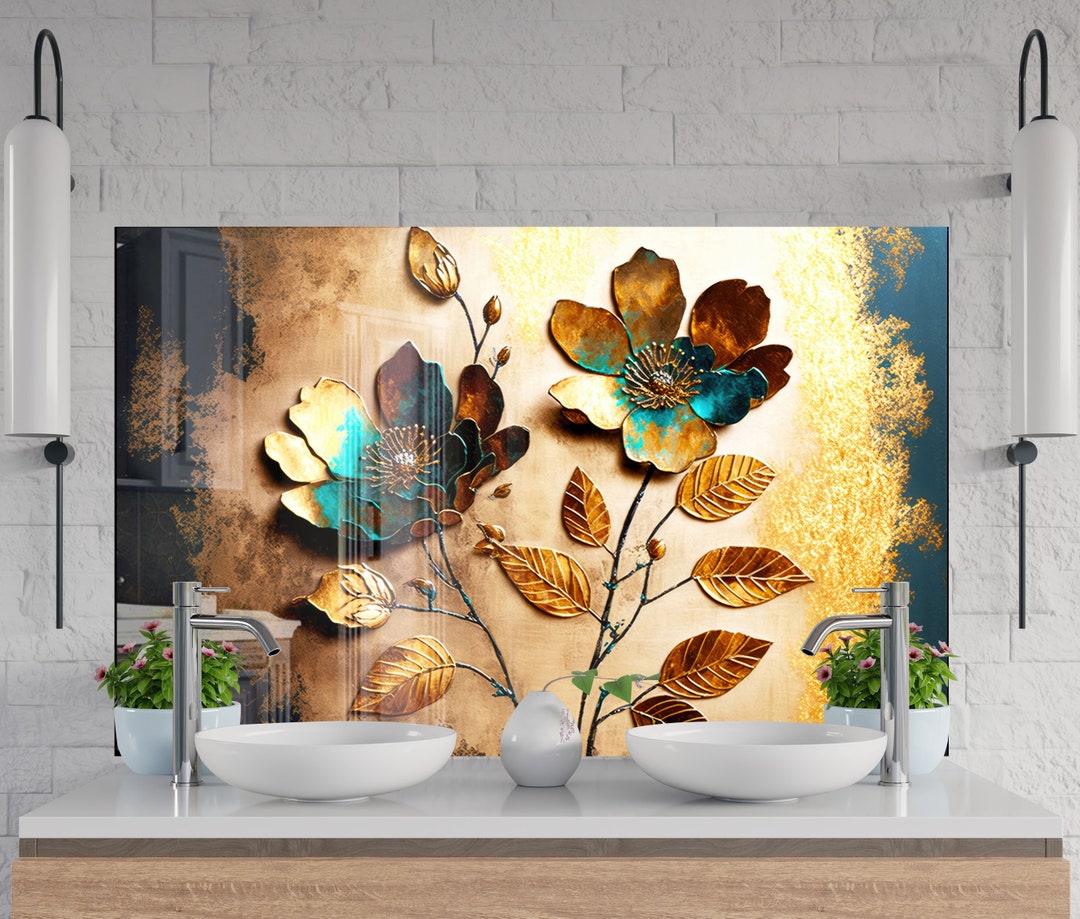 Kitchen Glass Floral Splashback-tempered Glass Flower Backsplash Tile ...