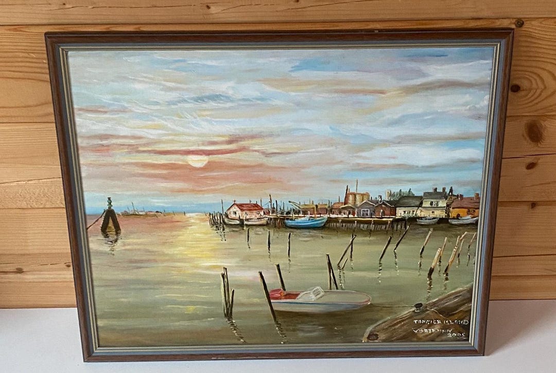 Vintage Oil Painting Signed Seaside Landscape Boat Tangier Island ...