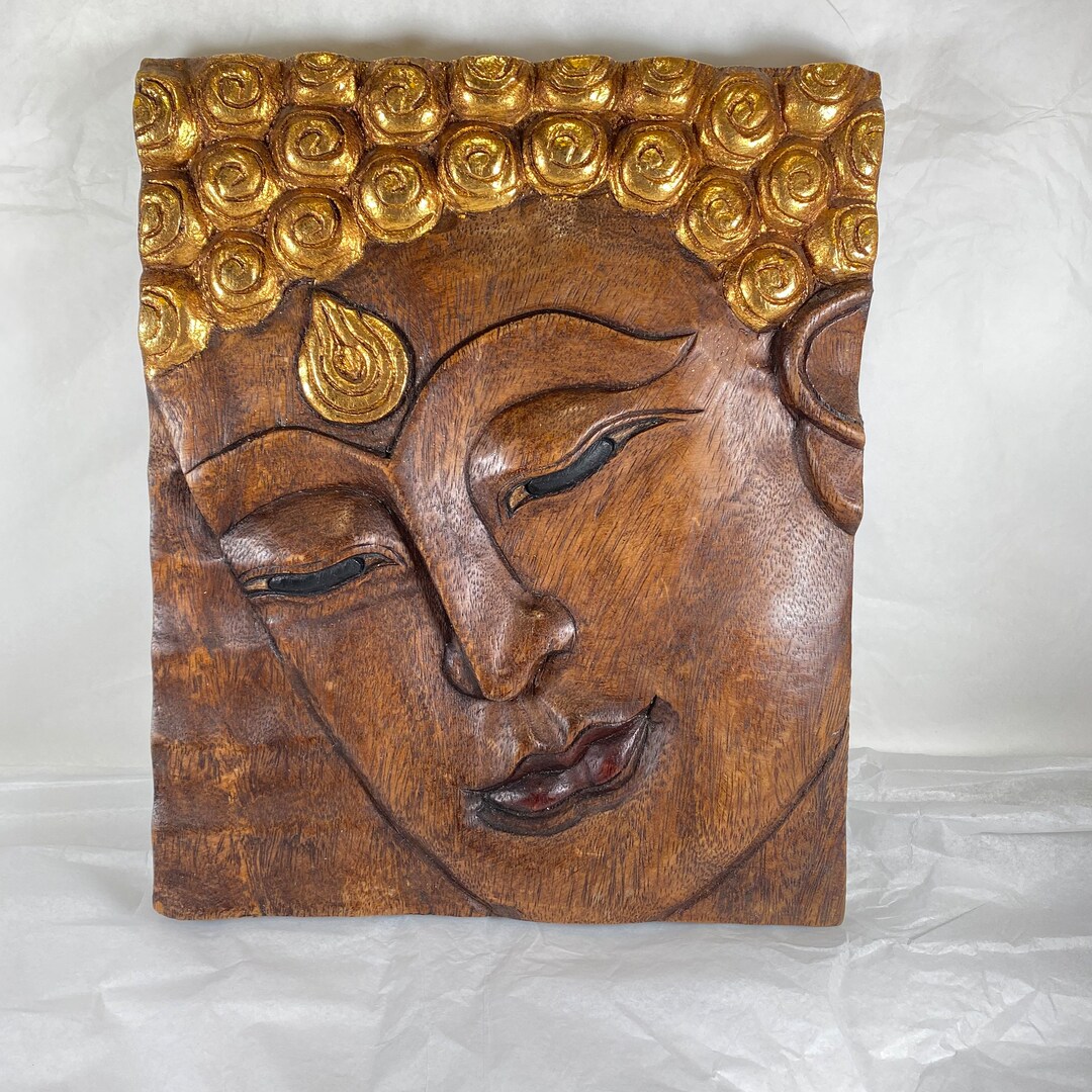 Hand Carved Dark Acacia Wood & Gold Buddha Wall Art Plaque Hanging 12.7 ...