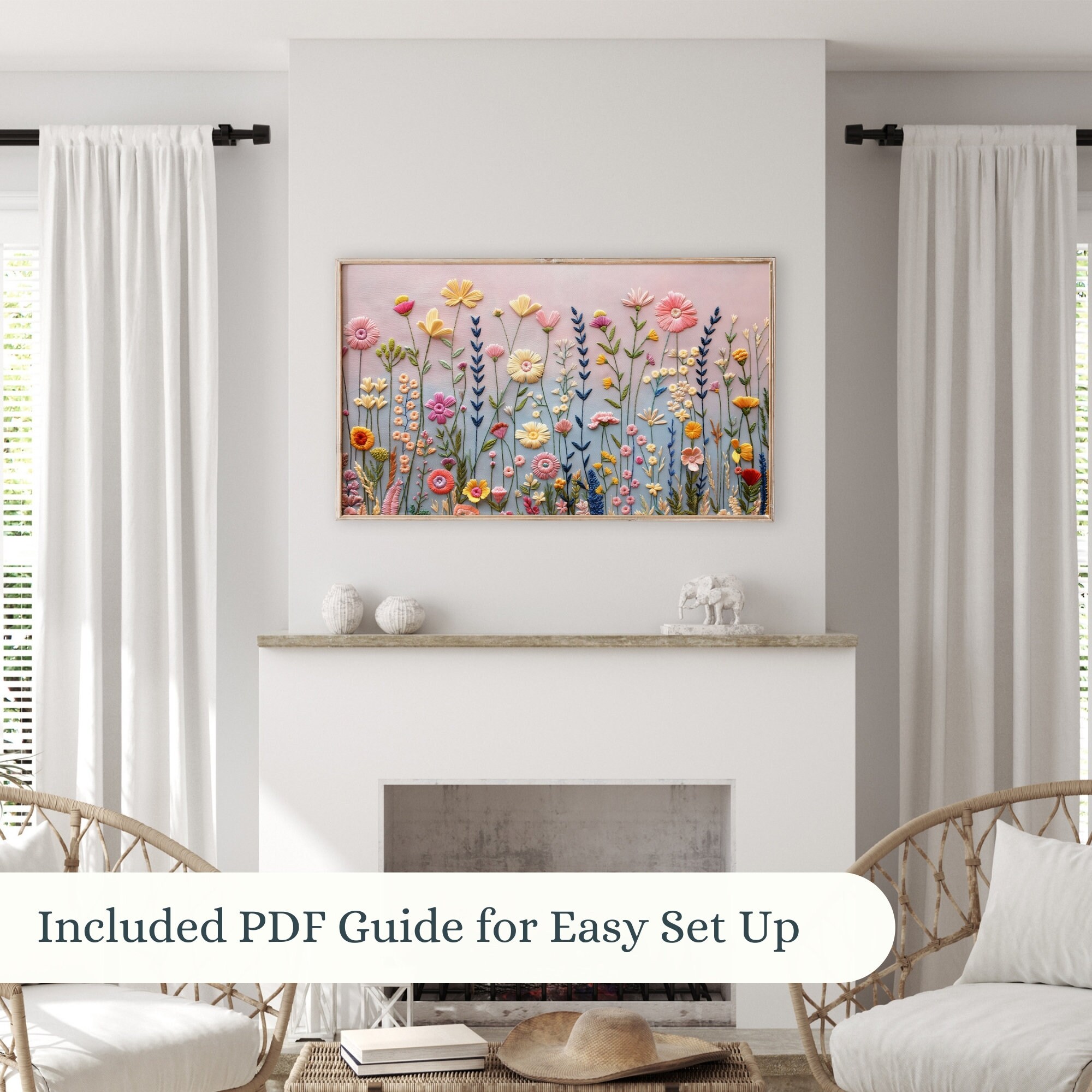 Spring Frame TV Art, Wildflowers Embroidery Textured Art for Frame TV ...