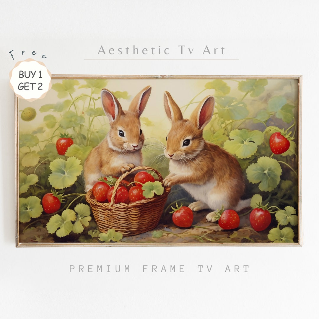 Easter Bunnies Frame TV Art, Cute Bunnies Eating Strawberries, Spring ...