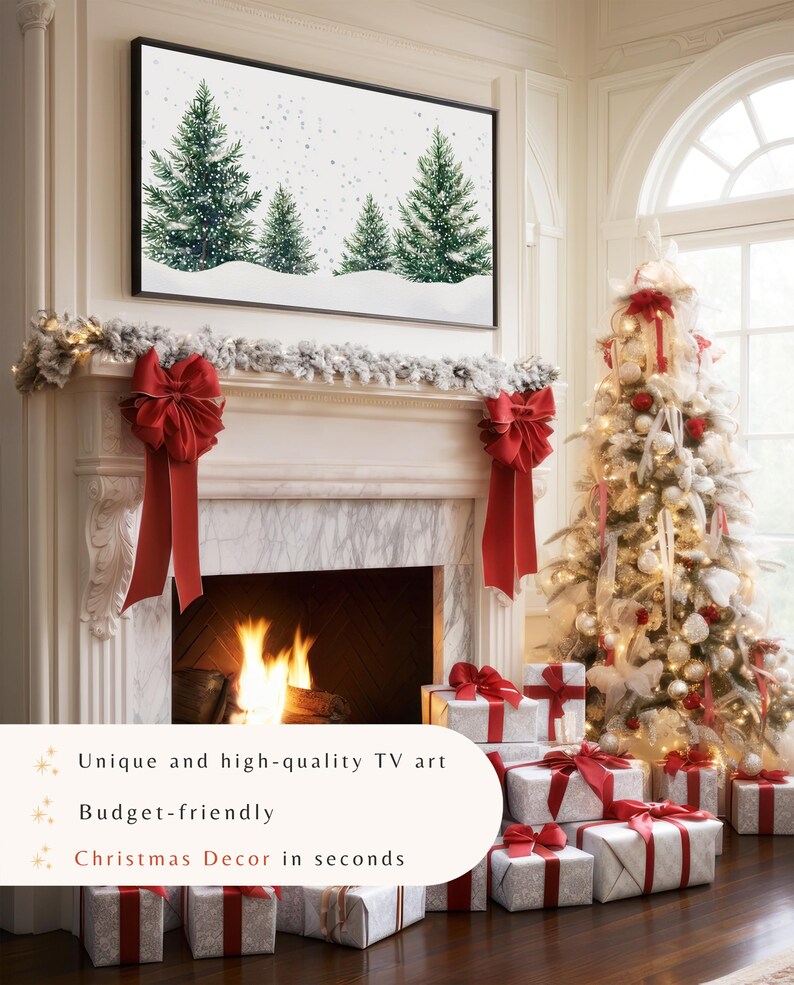 Snowy Christmas Tree Tv Art, Vintage Pine Tree Frame TV Art, Neutral ...