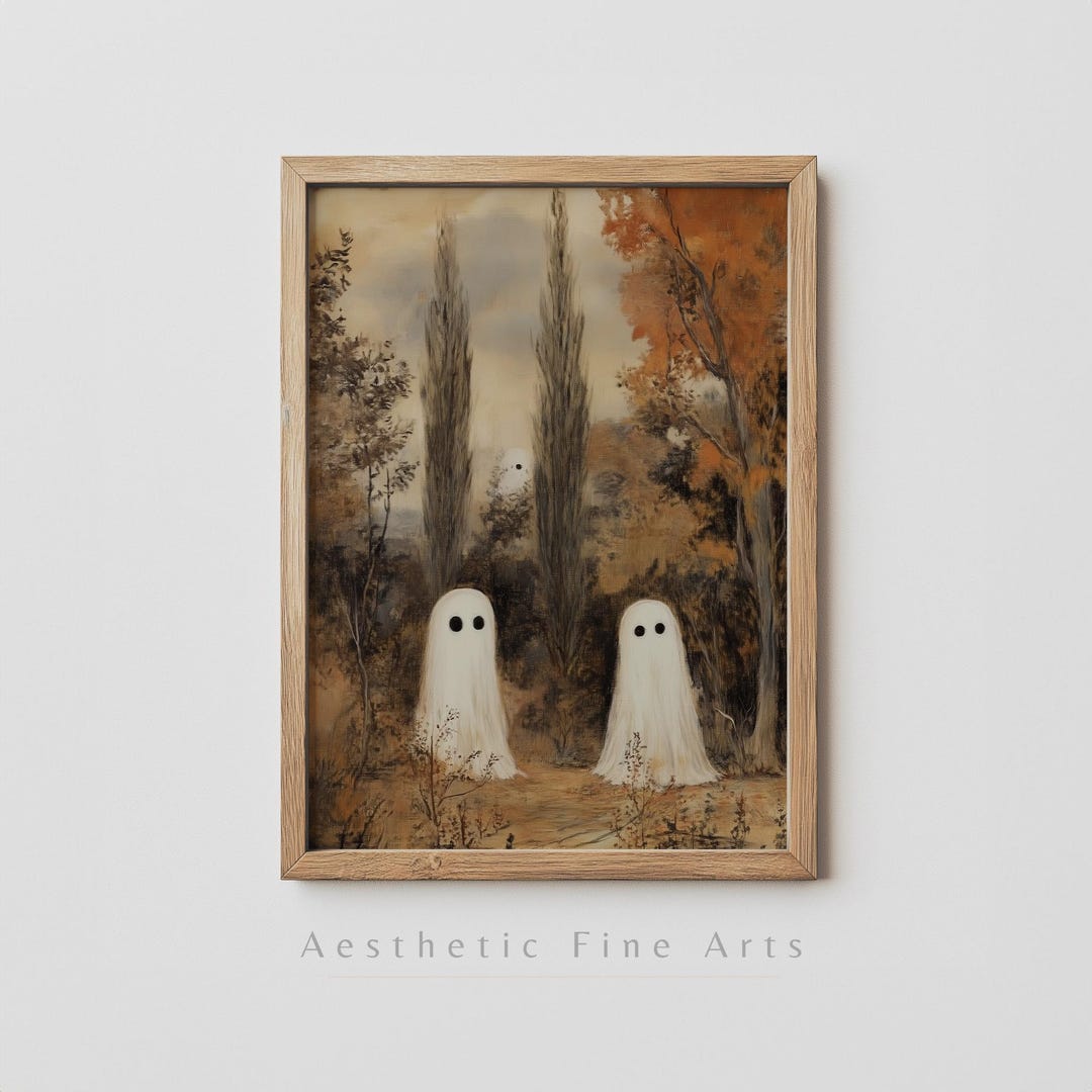 Cute Ghosts in Autumn Landscape Field Painting, Halloween Print, Rustic ...