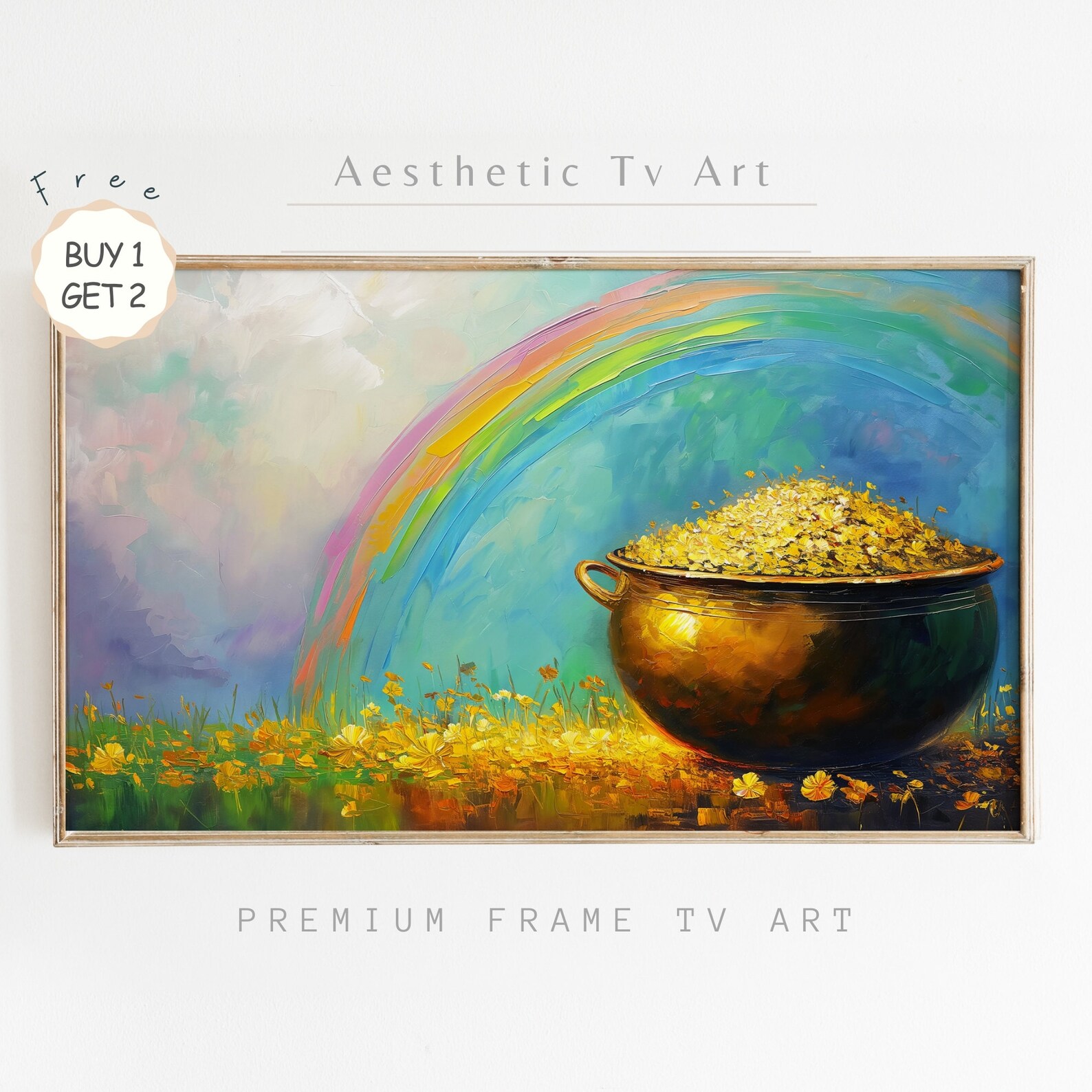 St. Patrick's Rainbow Clovers Frame TV Art, Oil Painting of Irish Pot ...