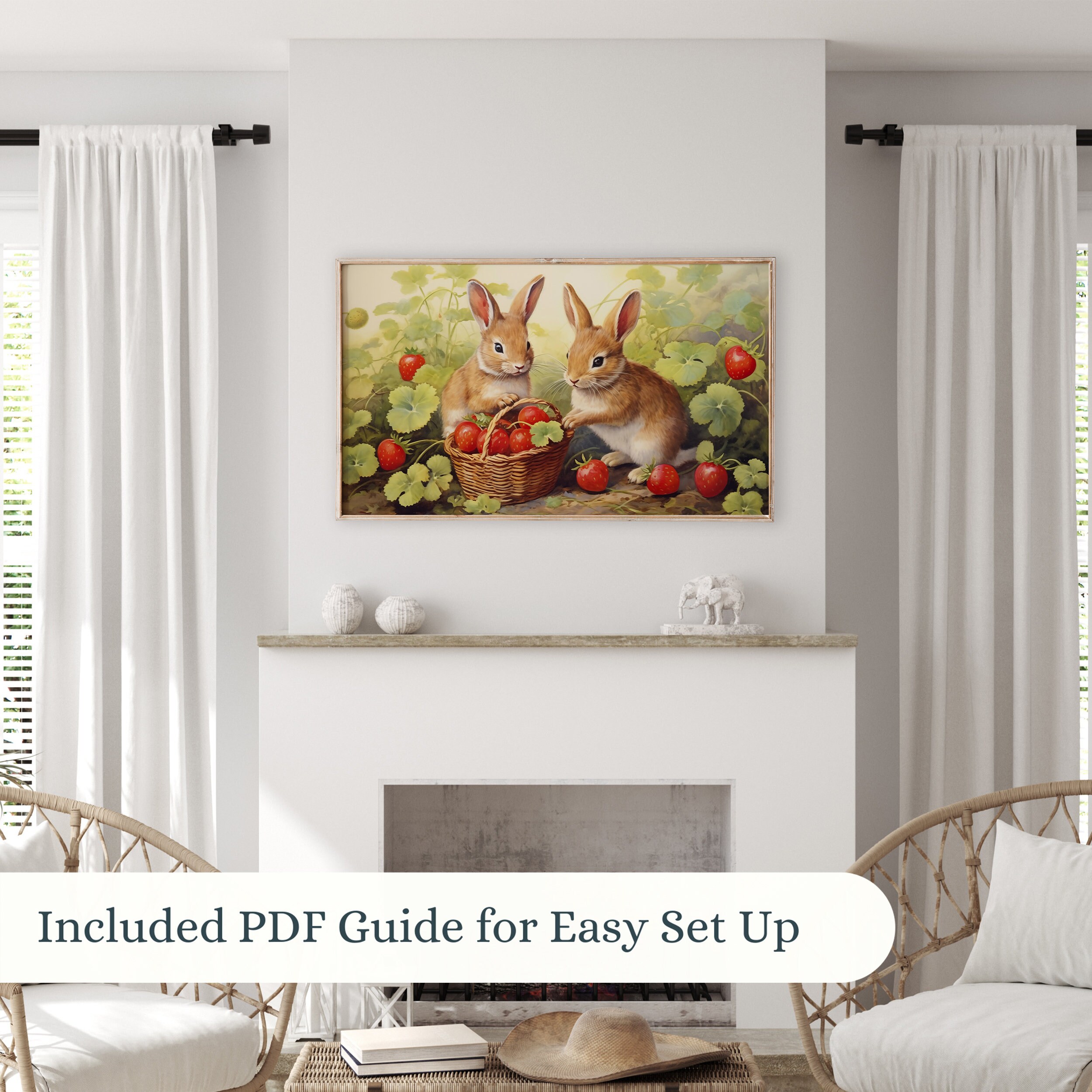 Easter Bunnies Frame TV Art, Cute Bunnies Eating Strawberries, Spring ...