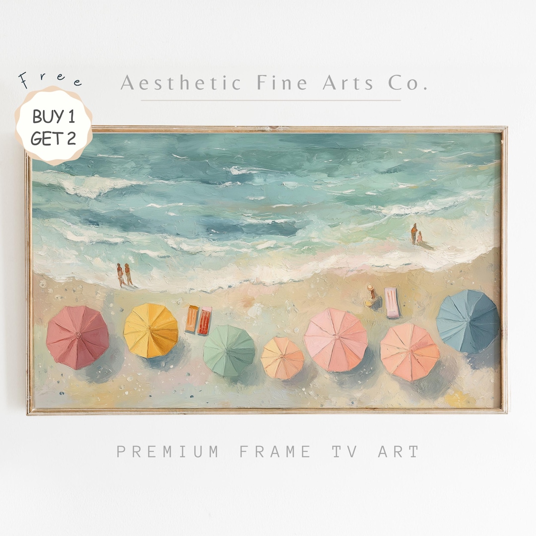 Summer Beach Frame TV Art, Pastel Toned Umbrella Coastal Painting for ...