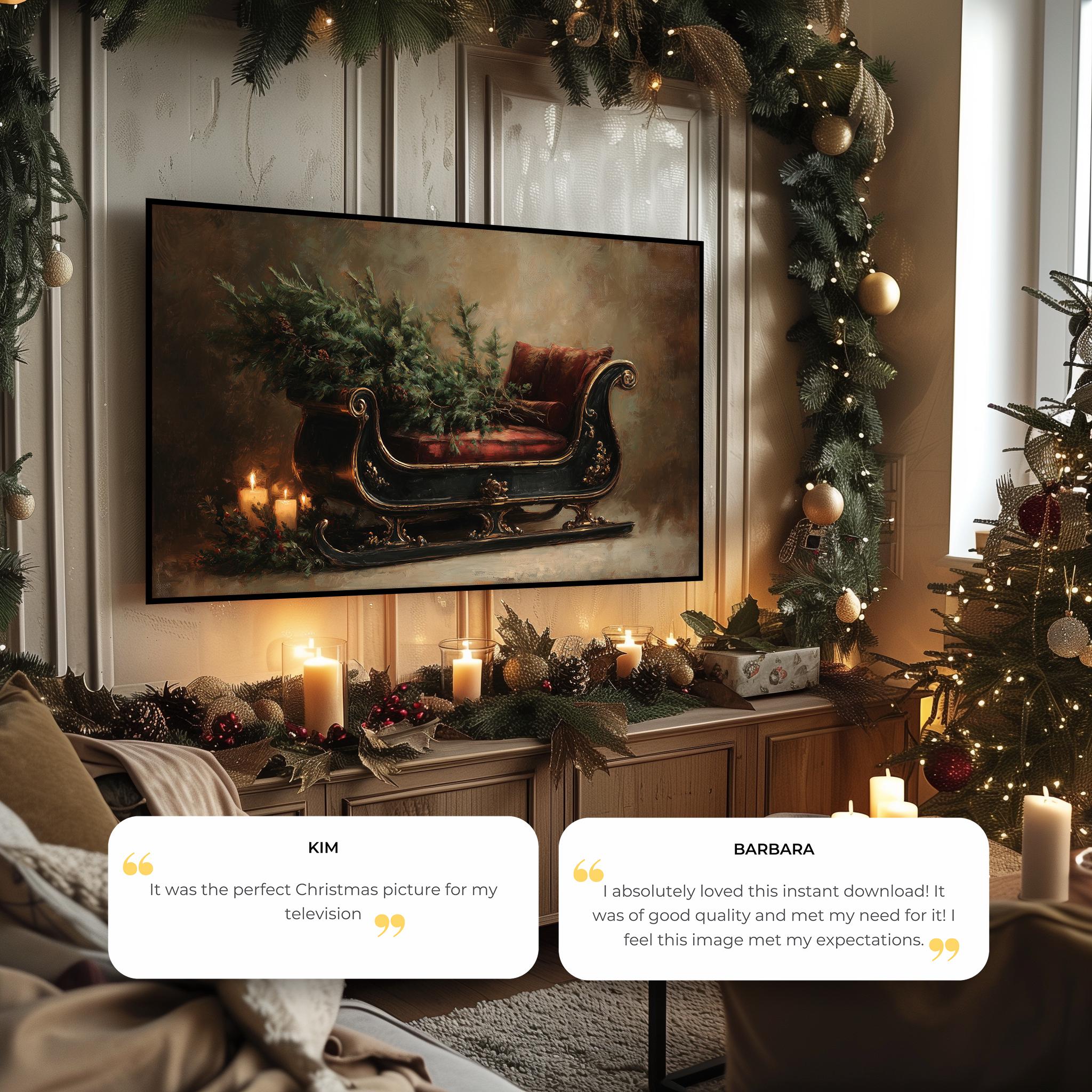 Dark Vintage Christmas Sleigh Frame TV Art | Cottagecore Holiday Decor ...