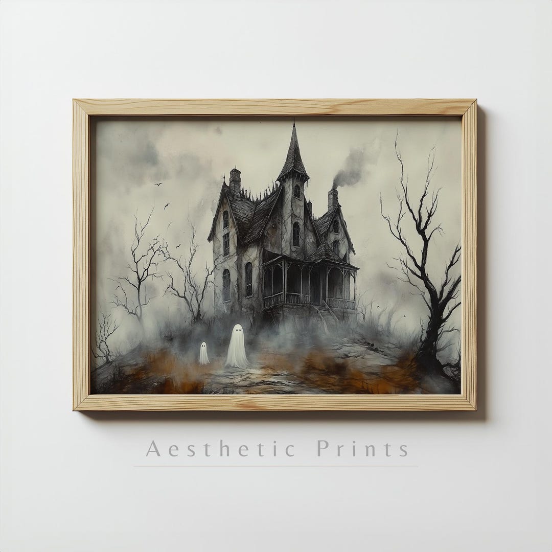 Cute Ghosts Halloween Printable Wall Art, Spooky Haunted House ...