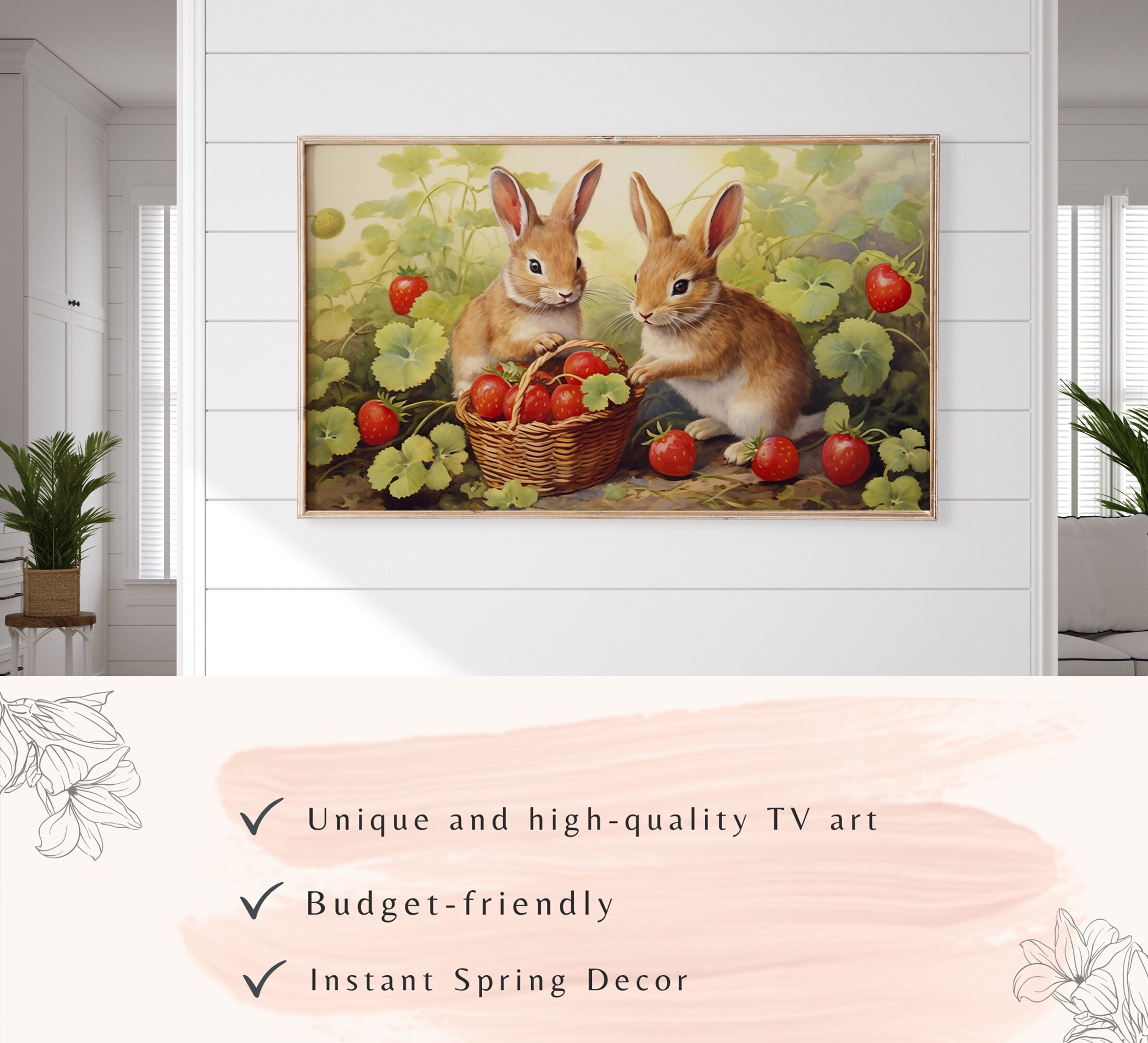 Easter Bunnies Frame TV Art, Cute Bunnies Eating Strawberries, Spring ...