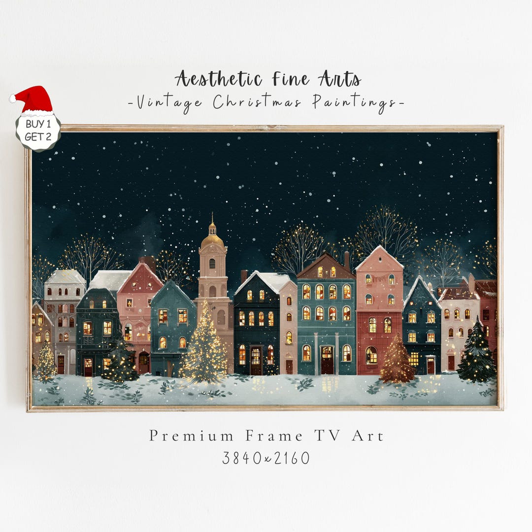 Cozy Christmas Village Frame TV Art, Festive Winter Town Scene, Snowy ...