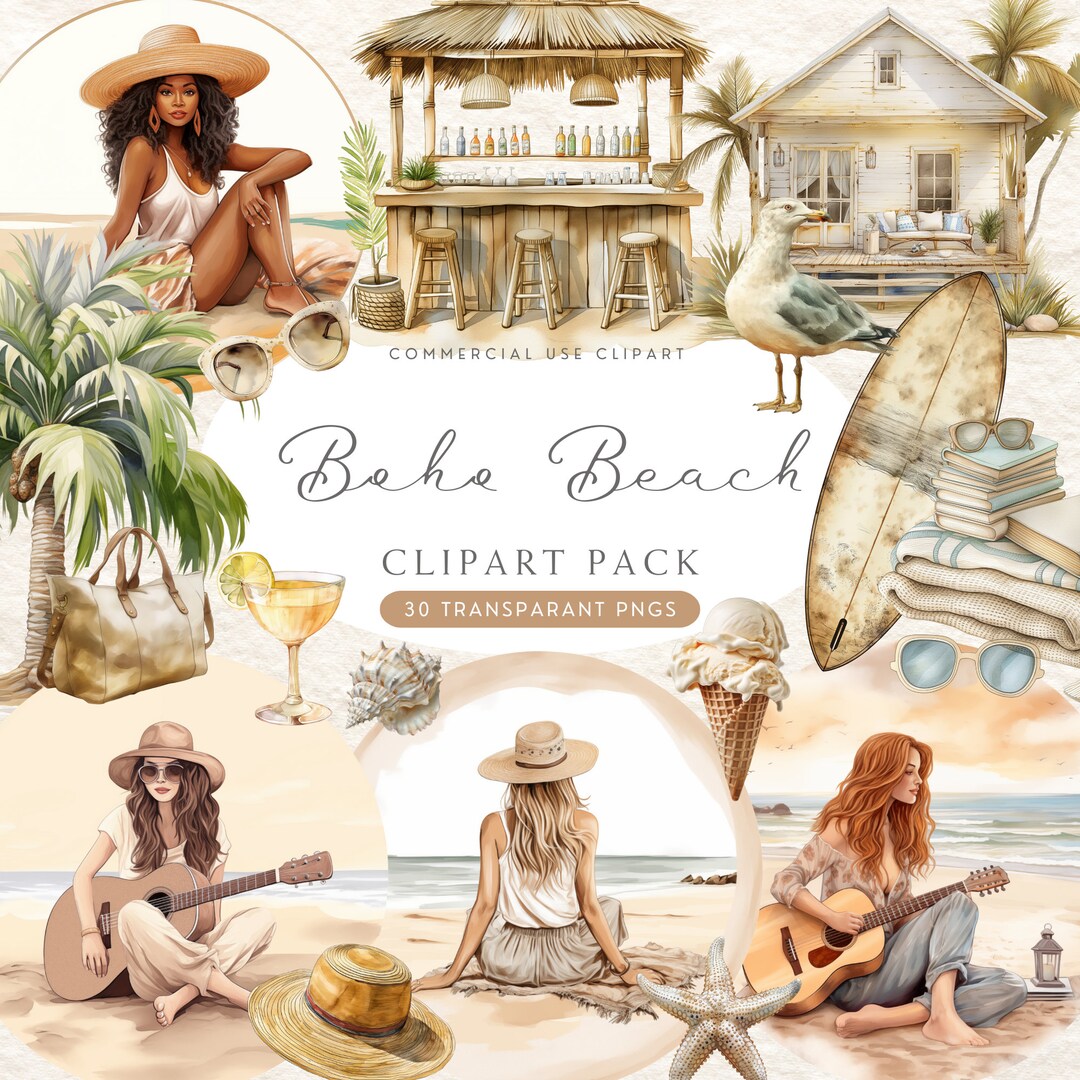 Boho Summer Beach Clipart PNG Watercolor, Boho Beach Holiday, Nautical ...