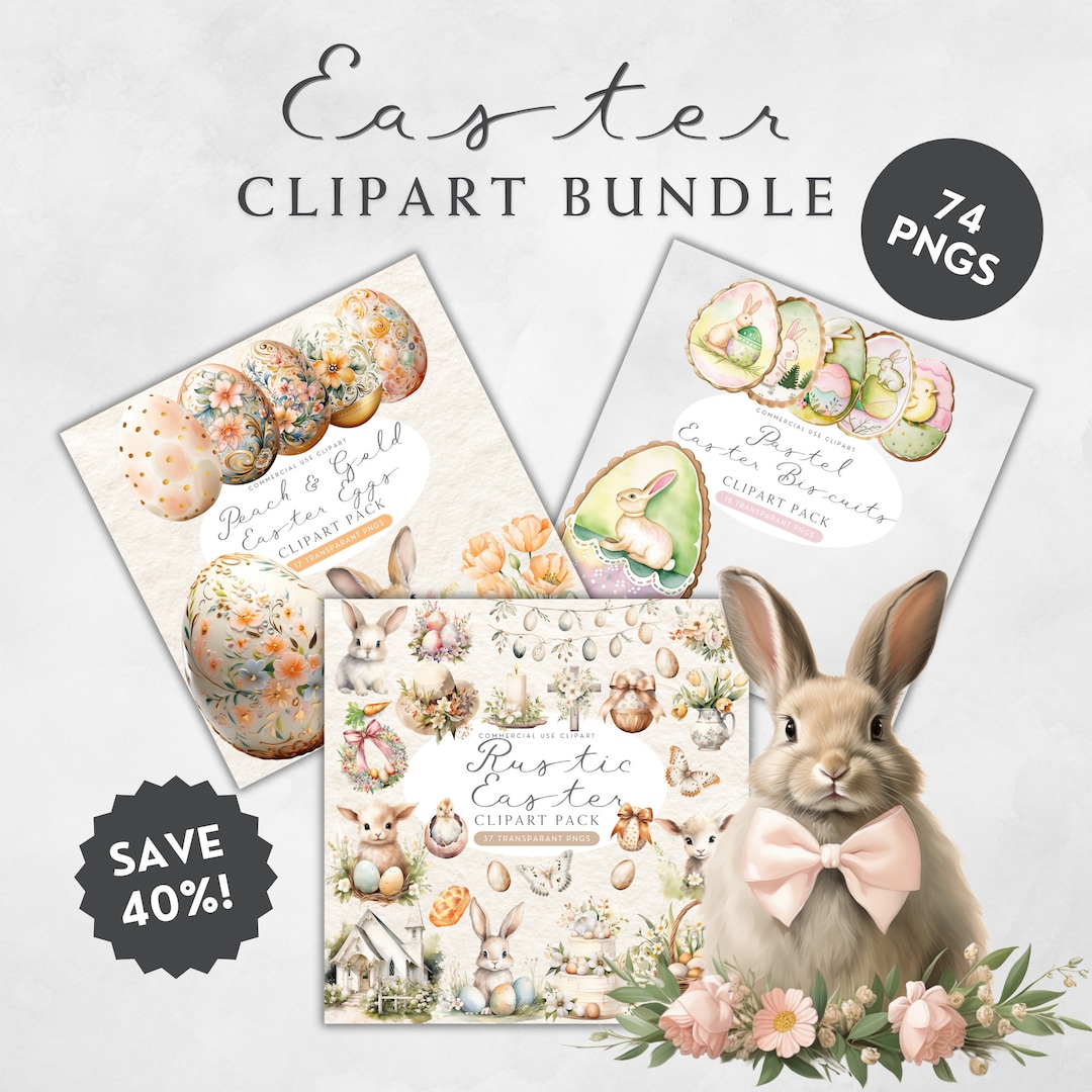 Easter Clipart Bundle PNG Watercolor, Spring Easter Egg Basket Bunny ...