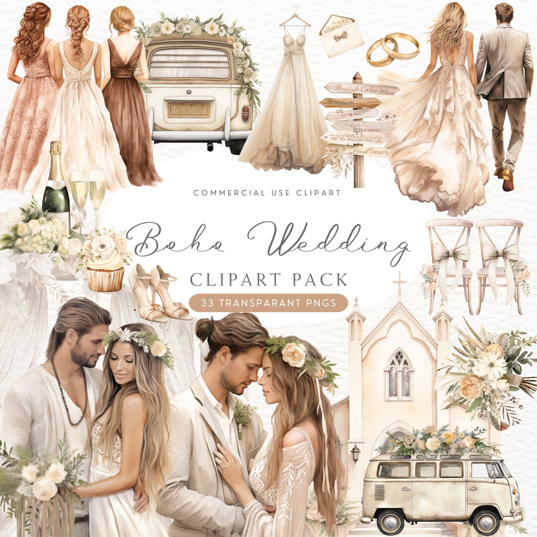 Boho Wedding Clipart Watercolor PNG, Rustic Wedding Day Clipart PNG ...