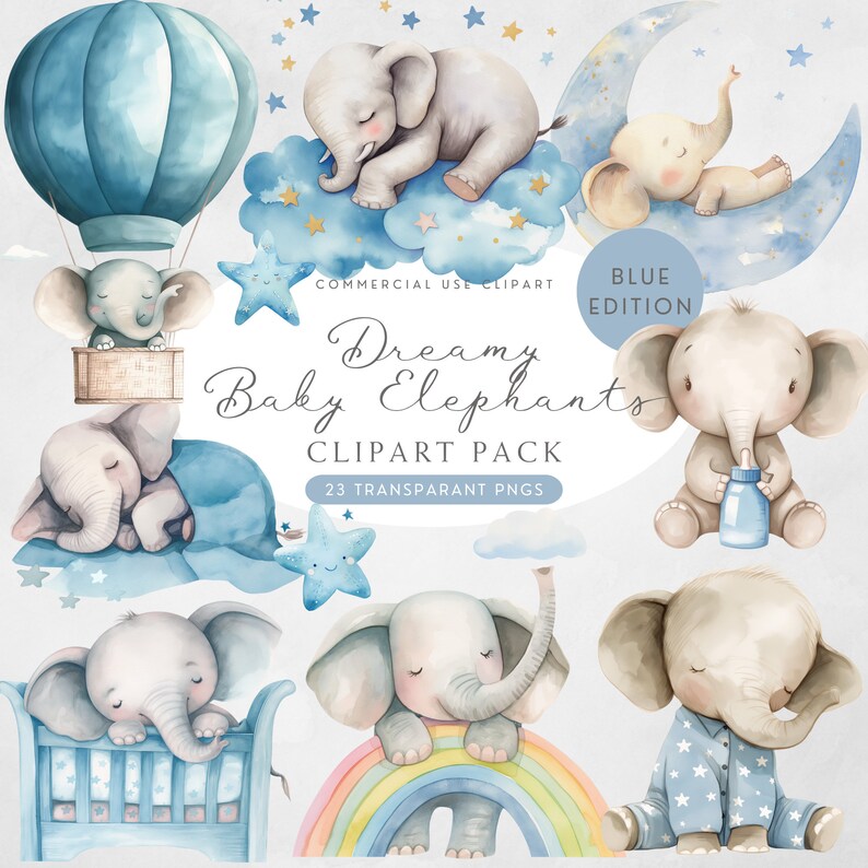 Sleeping Baby Elephant Clipart Bundle PNG Watercolor, Cute Baby Boy ...