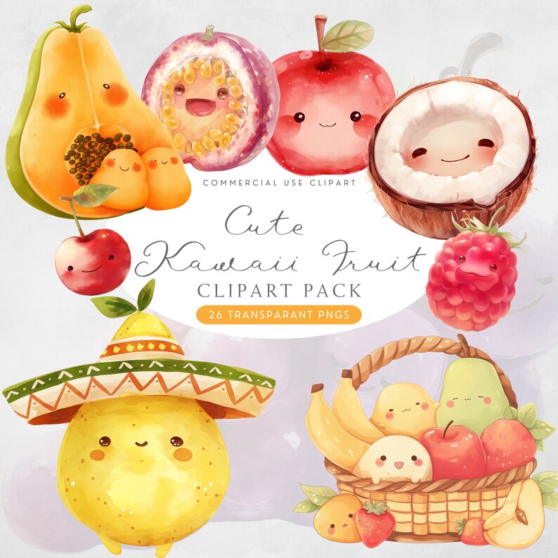 Cute Kawaii Fruits Clipart PNG Watercolor, Kawaii Tropical Fruit Apple ...