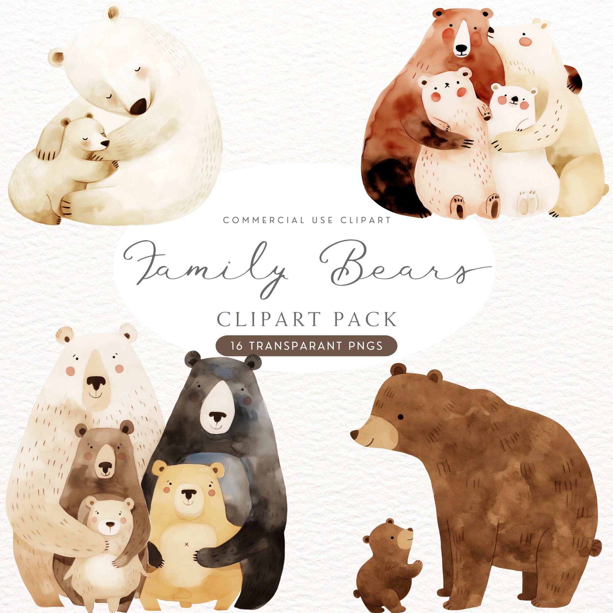 Family Bear Clipart Watercolor PNG Bundle, Papa Bear Mama Bear Baby ...