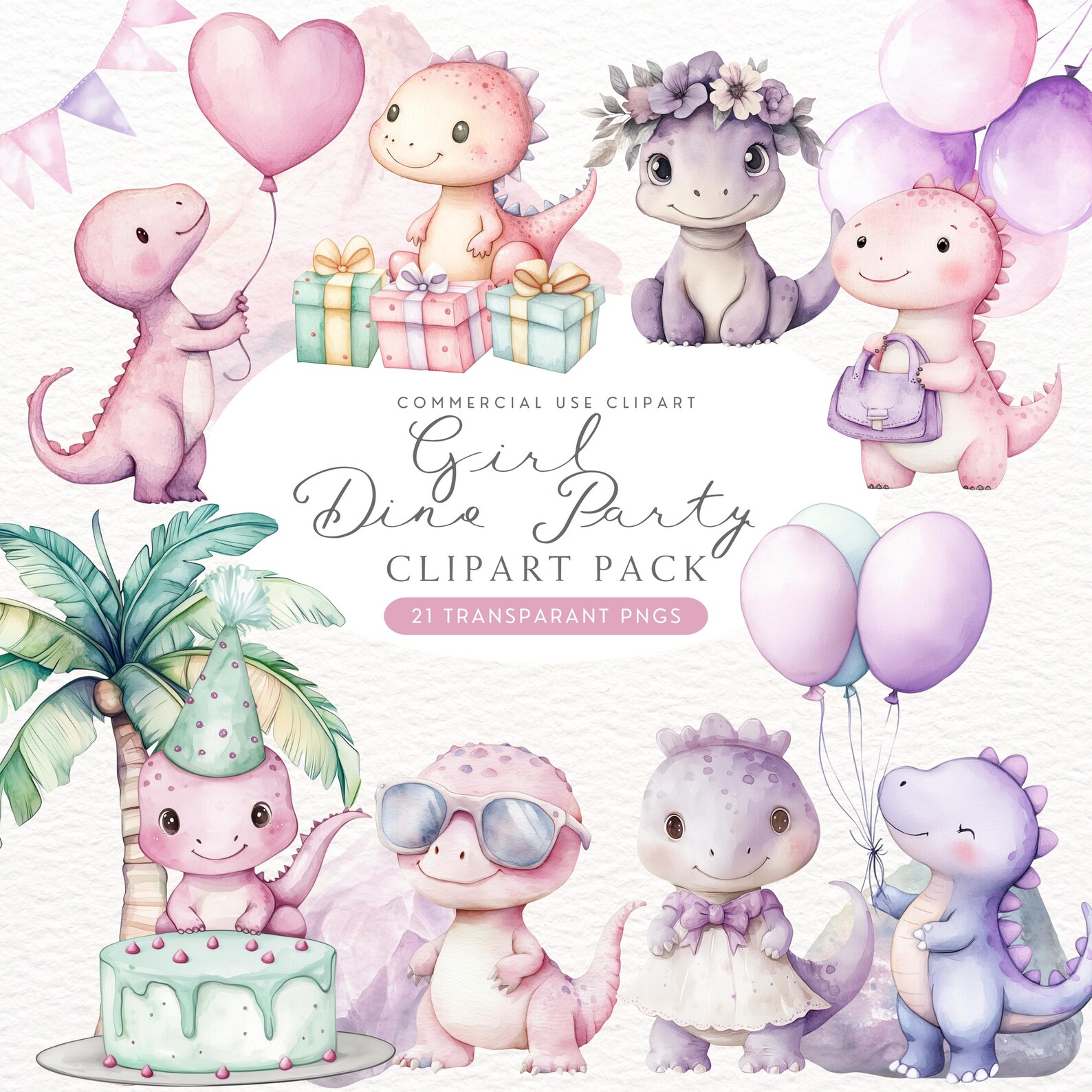 Girl Dinosaur Birthday Party Clipart PNG, Cute Pink Purple Baby ...