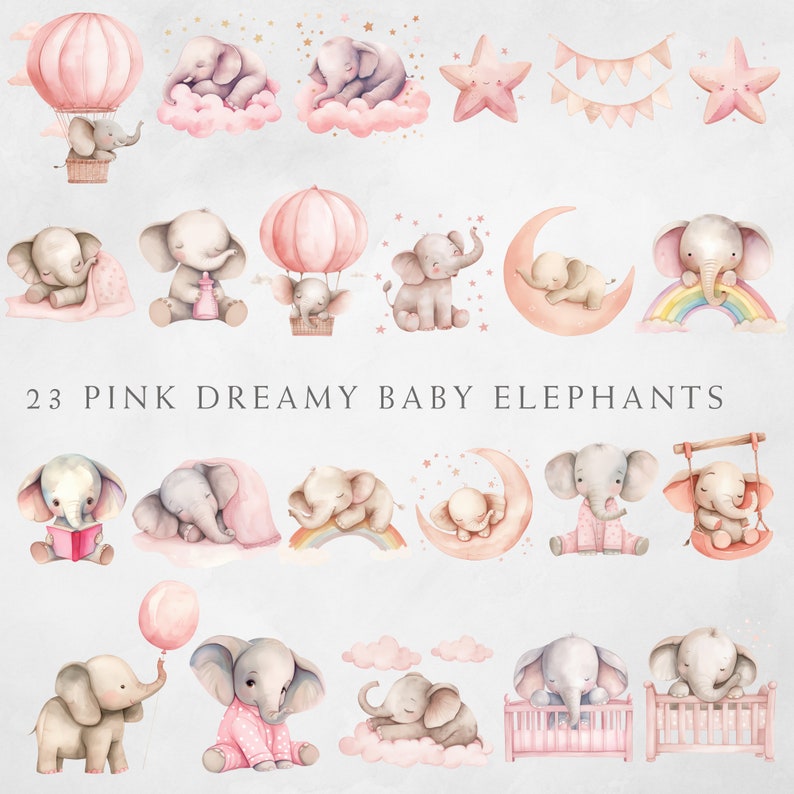 Sleeping Baby Elephant Clipart Bundle PNG Watercolor, Cute Baby Boy ...