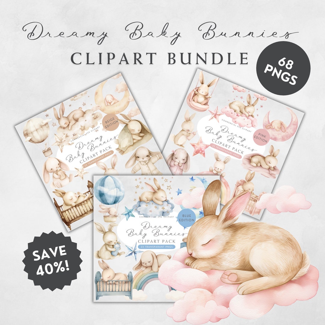 Sleeping Baby Bunny Clipart Bundle PNG Watercolor, Cute Baby Rabbit ...