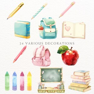 Back to School Clipart Watercolor PNG Bundle, Cute Preschool School ...