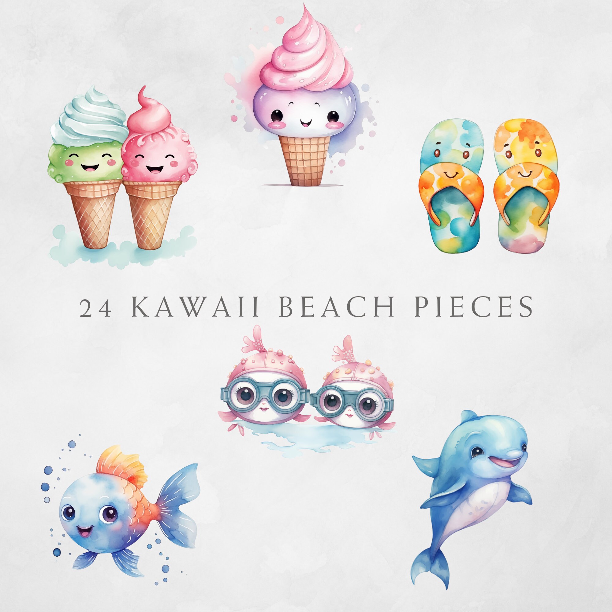 Cute Kawaii Summer Beach Clipart Watercolor, Kawaii Fruits Ice Cream ...