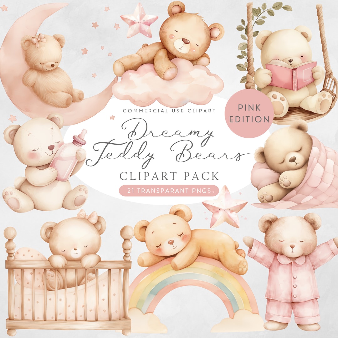 Sleeping Teddy Bear Clipart PNG Watercolor, Cute Pink Boho Baby Teddy ...